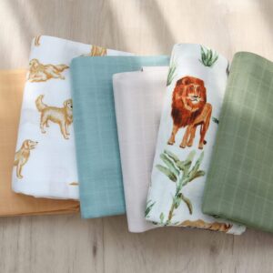 LifeTree Muslin Swaddle Blankets, Woodland Baby Swaddling Neutral Receiving Blanket for Boys & Girls, 70% Viscose from Bamboo and 30% Cotton, Large 47 x 47 inches Safari Jungle/Olive Green