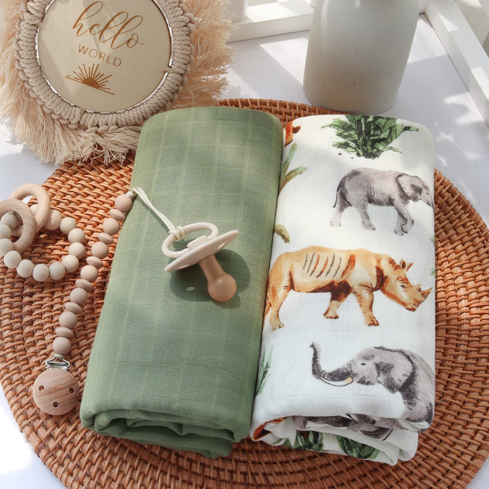 LifeTree Muslin Swaddle Blankets, Woodland Baby Swaddling Neutral Receiving Blanket for Boys & Girls, 70% Viscose from Bamboo and 30% Cotton, Large 47 x 47 inches Safari Jungle/Olive Green