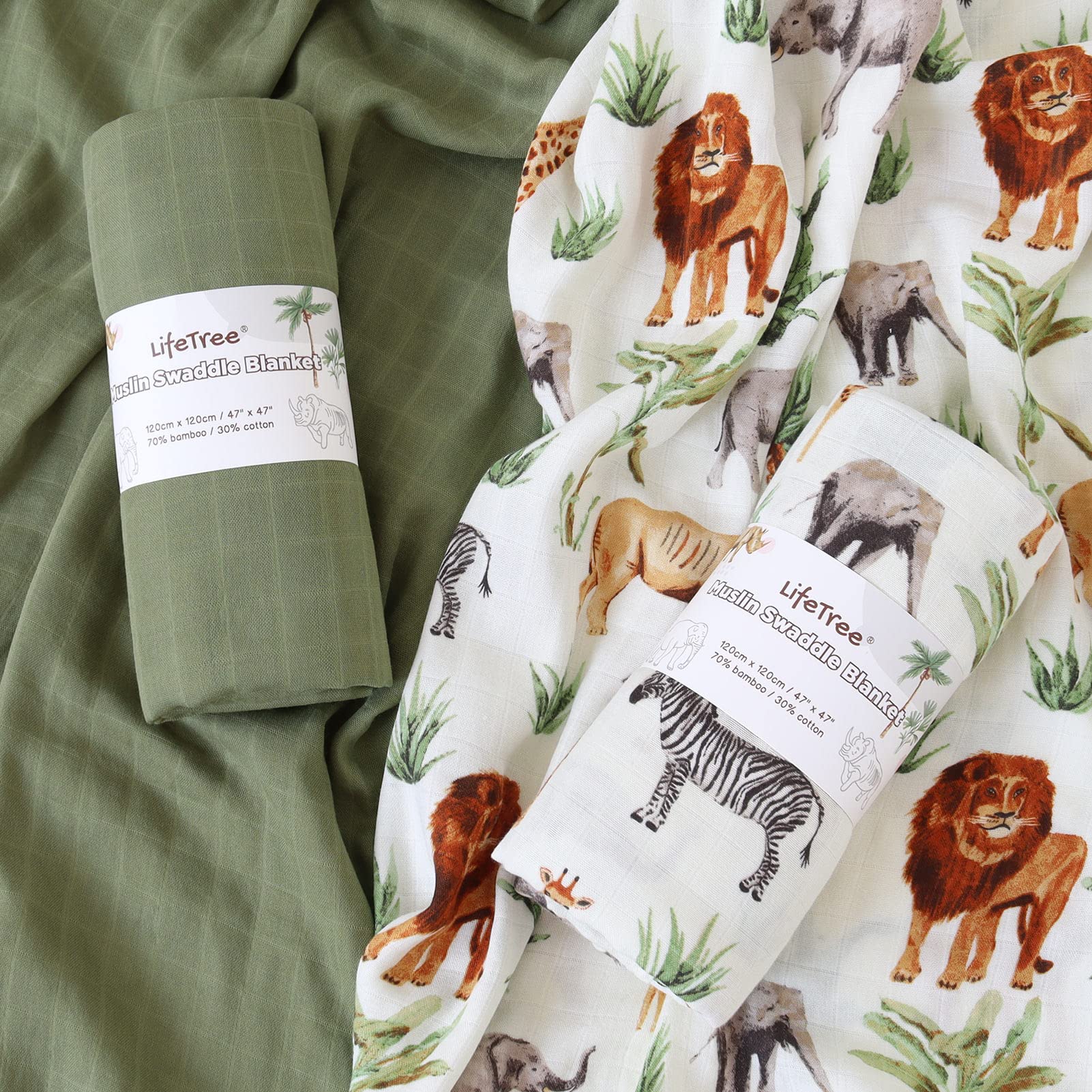 LifeTree Muslin Swaddle Blankets, Woodland Baby Swaddling Neutral Receiving Blanket for Boys & Girls, 70% Viscose from Bamboo and 30% Cotton, Large 47 x 47 inches Safari Jungle/Olive Green