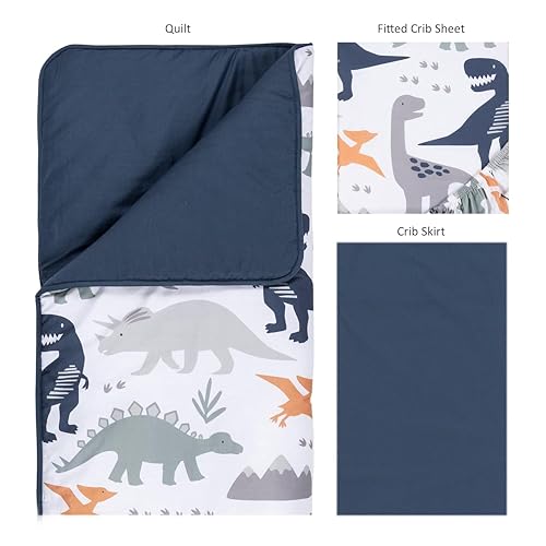 Trend Lab Prehistoric Dinos 3 Piece Crib Bedding Set, Can Be Used As A Blanket Or A Playmat for Tummy Time, Includes Quilt, Fitted Crib Sheet and Skirt