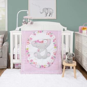 sammy & lou elephant garden 4-piece baby nursery crib bedding set for girls, includes quilt, fitted crib sheet, crib skirt, and plush toy