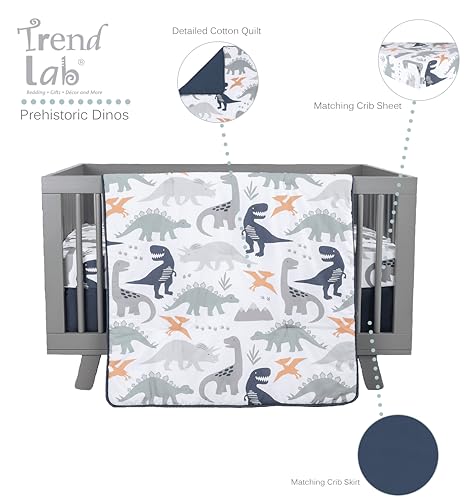 Trend Lab Prehistoric Dinos 3 Piece Crib Bedding Set, Can Be Used As A Blanket Or A Playmat for Tummy Time, Includes Quilt, Fitted Crib Sheet and Skirt