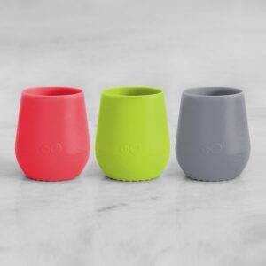 ezpz tiny cup 3-pack (coral, lime & gray) - 100% silicone training cup for infants - designed by a pediatric feeding specialist - 4 months+ - baby-led weaning gear & baby gift