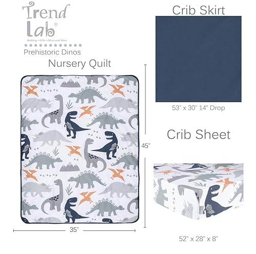 Trend Lab Prehistoric Dinos 3 Piece Crib Bedding Set, Can Be Used As A Blanket Or A Playmat for Tummy Time, Includes Quilt, Fitted Crib Sheet and Skirt