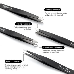 ZERNBER Tweezers for Women Stainless Steel Precision Tweezer Set with Leather Bag,Eyebrow Tweezers for Facial Hair, Ingrown Hair, Splinters and More (4 Count)