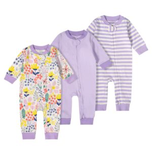 teach leanbh baby boys girls 3 pack footless pajamas cotton long sleeve 2 way zipper romper sleep and play (as1, age, 3_months, 6_months, baby, purple/flower, 3-6 months)