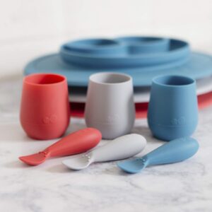 ezpz Tiny Cup 3-Pack (Blue, Coral & Gray) - 100% Silicone Training Cup for Infants - Designed by a Pediatric Feeding Specialist - 4 months+ - Baby-led Weaning Gear & Baby Gift