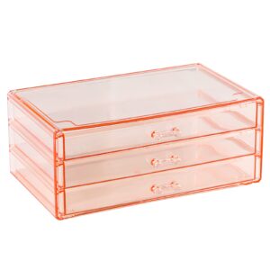 cq acrylic hair accessory organizer with 3 long drawers,stacking makeup organizer and desk pink drawer containers,stackable cabinet storage bins for palettes,cosmetic,and beauty for vanity,pack of 1