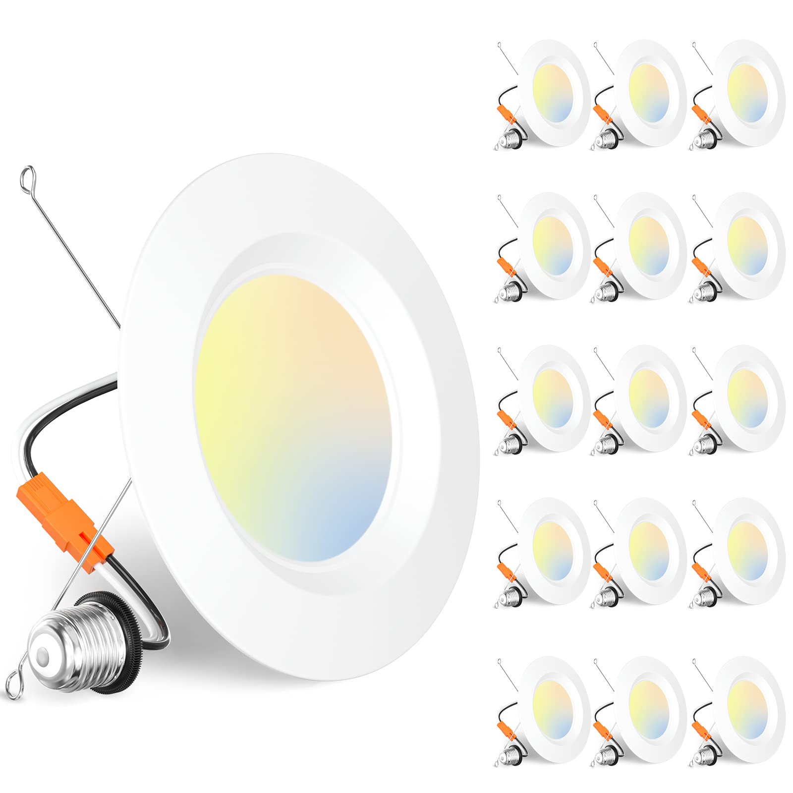 Amico 5/6 inch 5CCT LED Recessed Lighting 16 Pack, Smooth Trim, Dimmable, IC & Damp Rated, 12.5W=100W, 950LM Can Lights, 2700K/3000K/4000K/5000K/6000K Selectable, Retrofit Installation - ETL & FCC