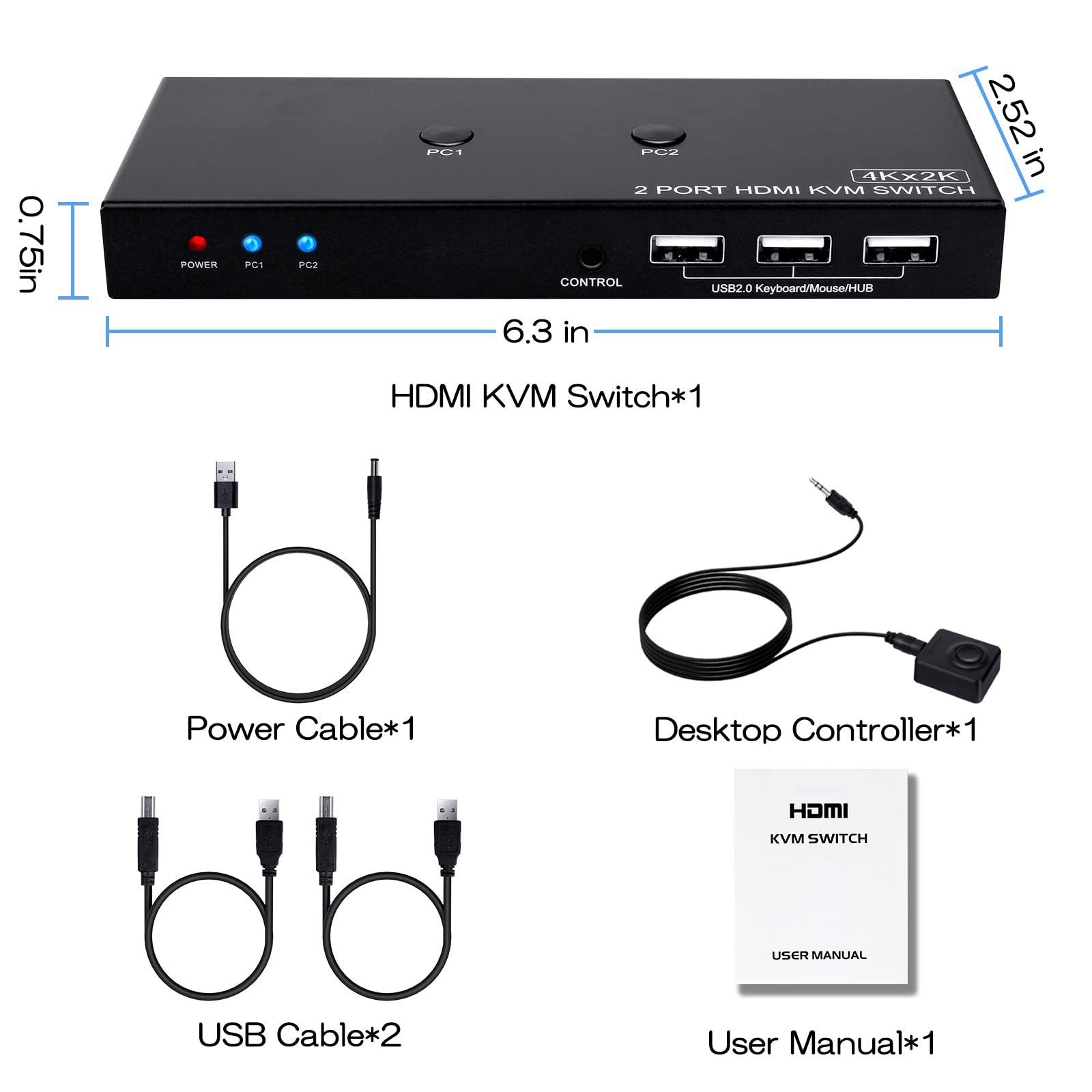 KVM Switch 4K@60Hz, HDMI USB Switch for 2 Computer Share UHD Monitor and Keyboard Mouse Printer, Support YUV RGB 4:4:4, with 2 USB Cables & Wired Controller