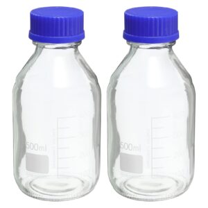 patikil 500ml reagent media bottle, 2pcs round graduated glass storage bottle blue screw cap for chemistry lab universities home, clear