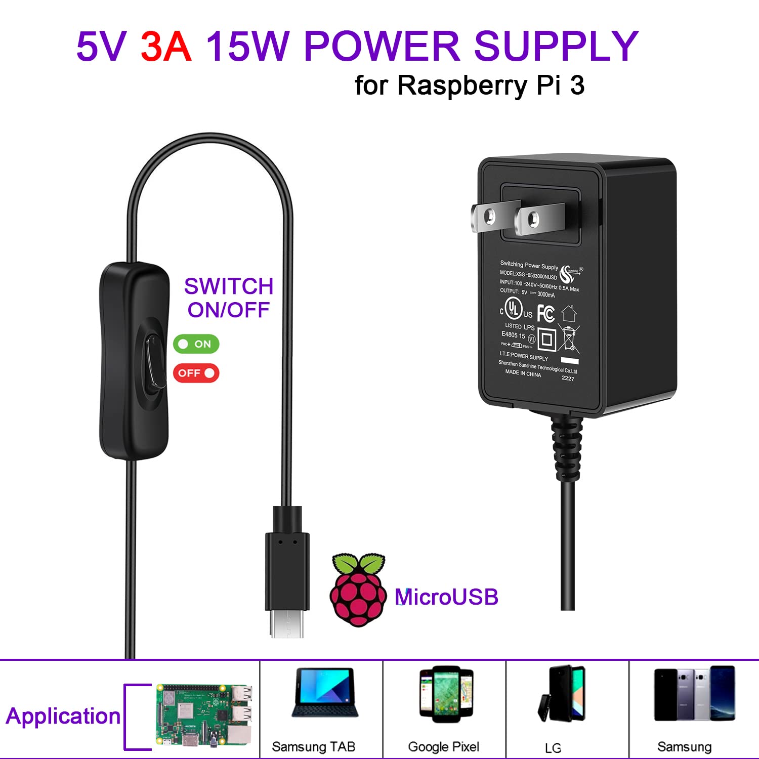 [5V 3A UL Listed] iUniker Power Supply for Raspberry Pi 3, Power Supply for Raspberry Pi MicroUSB Power Supply with on/off Switch Compatible with Raspberry Pi 3/ 3b+/ Zero/Zero 2w