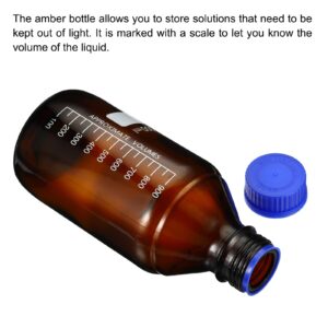 PATIKIL 1000mL Reagent Media Bottle, 2Pcs Round Graduated Glass Storage Bottle Blue Screw Cap for Chemistry Lab Universities Home, Amber