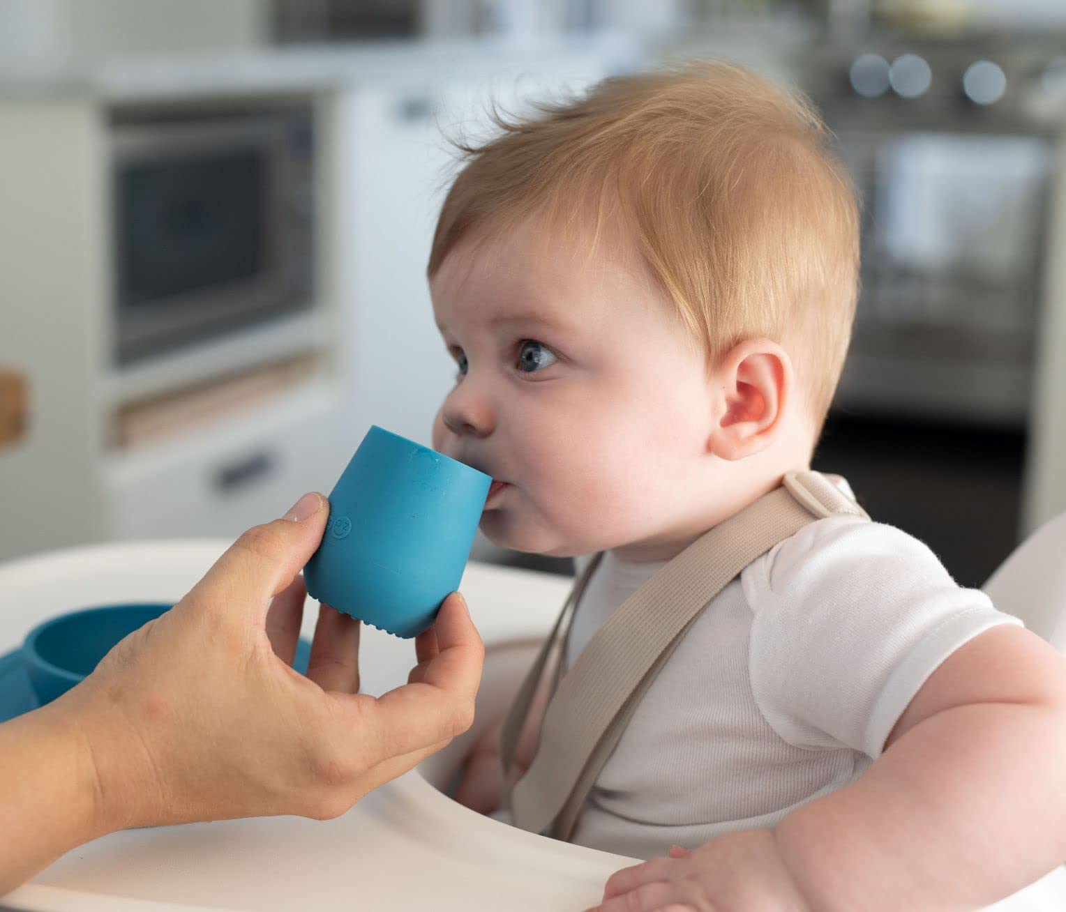 ezpz Tiny Cup 3-Pack (Blue, Coral & Gray) - 100% Silicone Training Cup for Infants - Designed by a Pediatric Feeding Specialist - 4 months+ - Baby-led Weaning Gear & Baby Gift