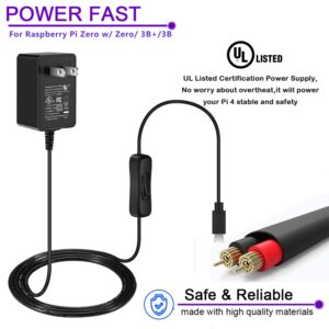 [5V 3A UL Listed] iUniker Power Supply for Raspberry Pi 3, Power Supply for Raspberry Pi MicroUSB Power Supply with on/off Switch Compatible with Raspberry Pi 3/ 3b+/ Zero/Zero 2w