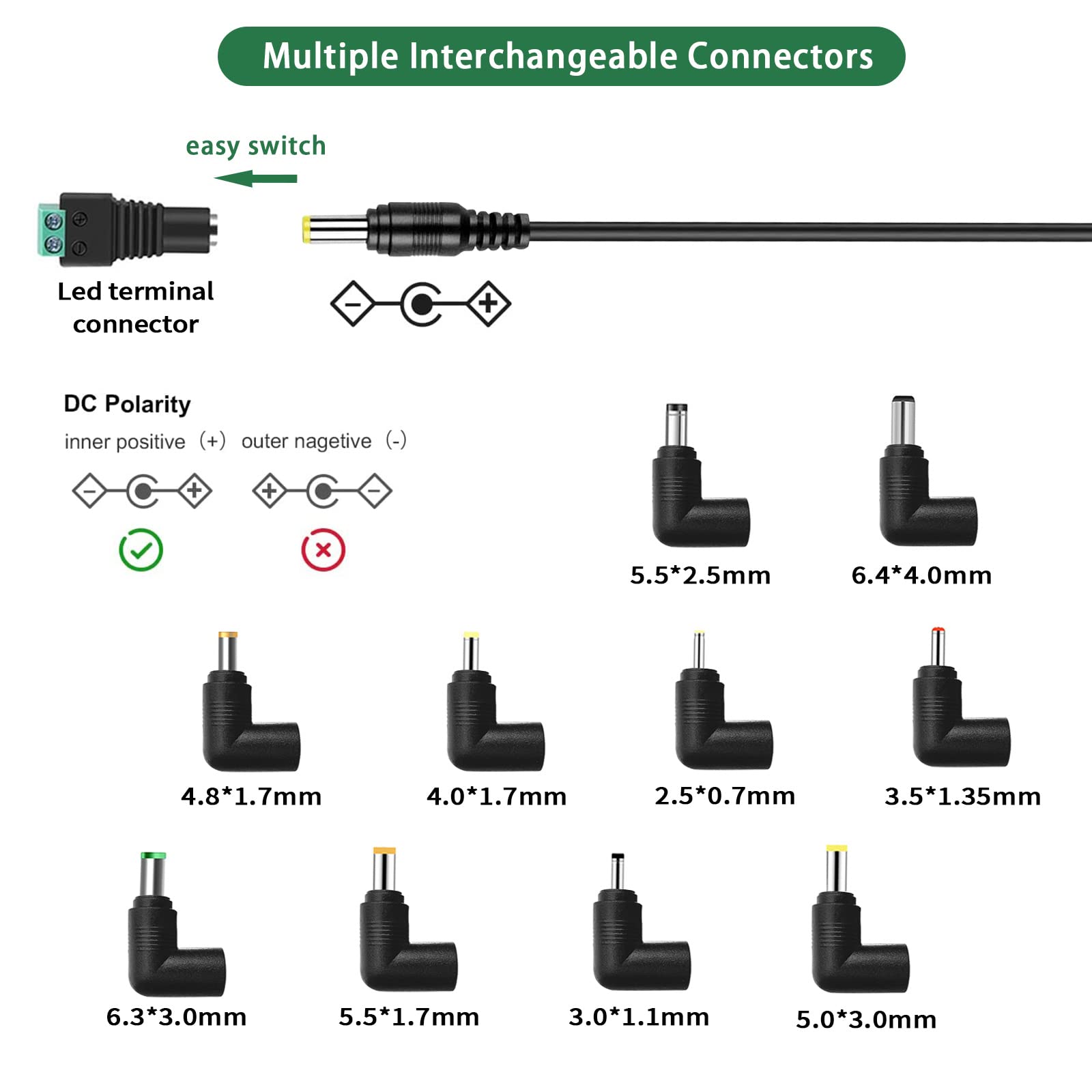 12V 5A Power Supply Adapter,100~240V AC to DC 12 Volt 5A 4A 3A 2.0A 1A Converter with 11 Tips for LED Strip Light DVR NVR Security Cameras System CCTV Accessories and More