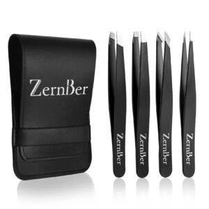 zernber tweezers for women stainless steel precision tweezer set with leather bag,eyebrow tweezers for facial hair, ingrown hair, splinters and more (4 count)