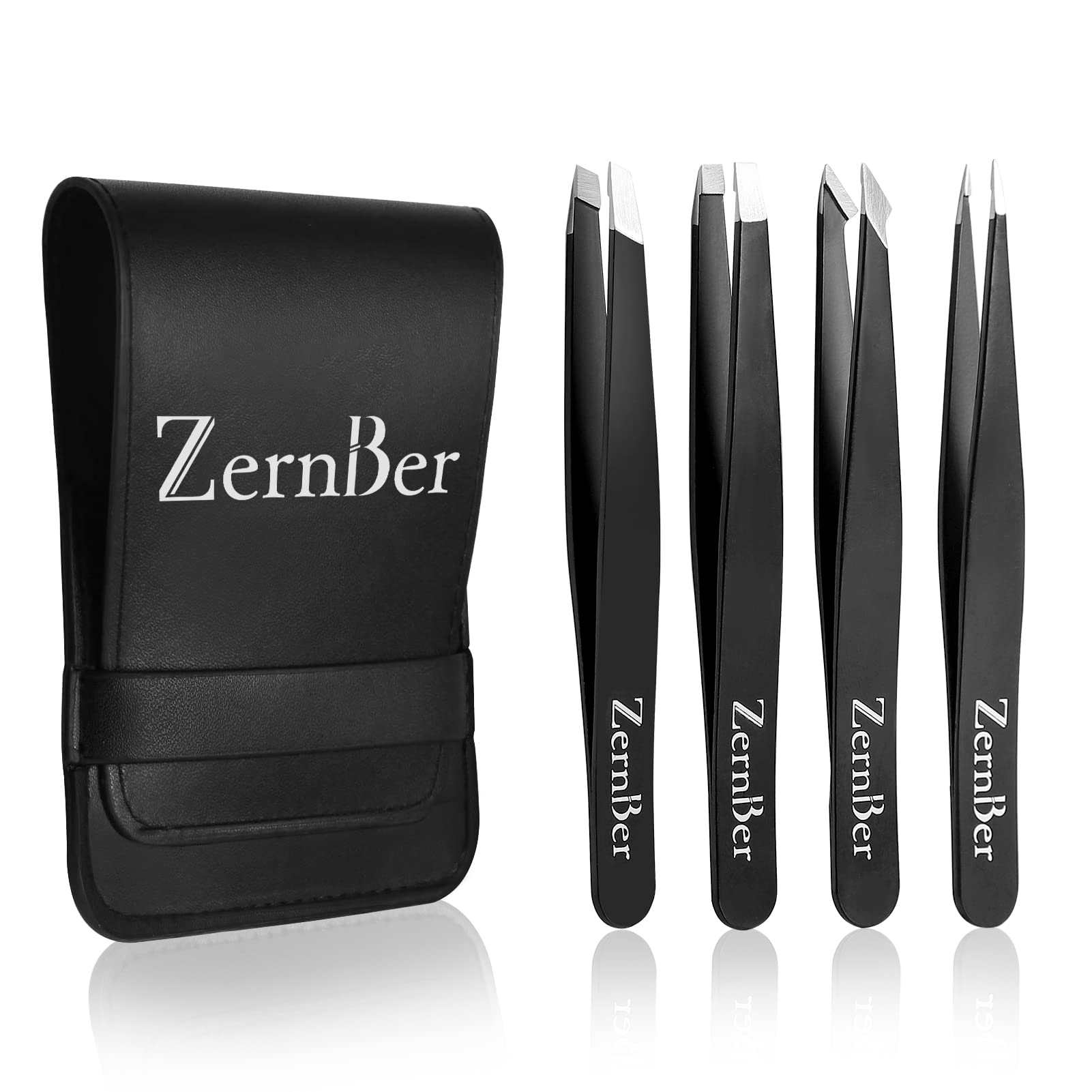 ZERNBER Tweezers for Women Stainless Steel Precision Tweezer Set with Leather Bag,Eyebrow Tweezers for Facial Hair, Ingrown Hair, Splinters and More (4 Count)