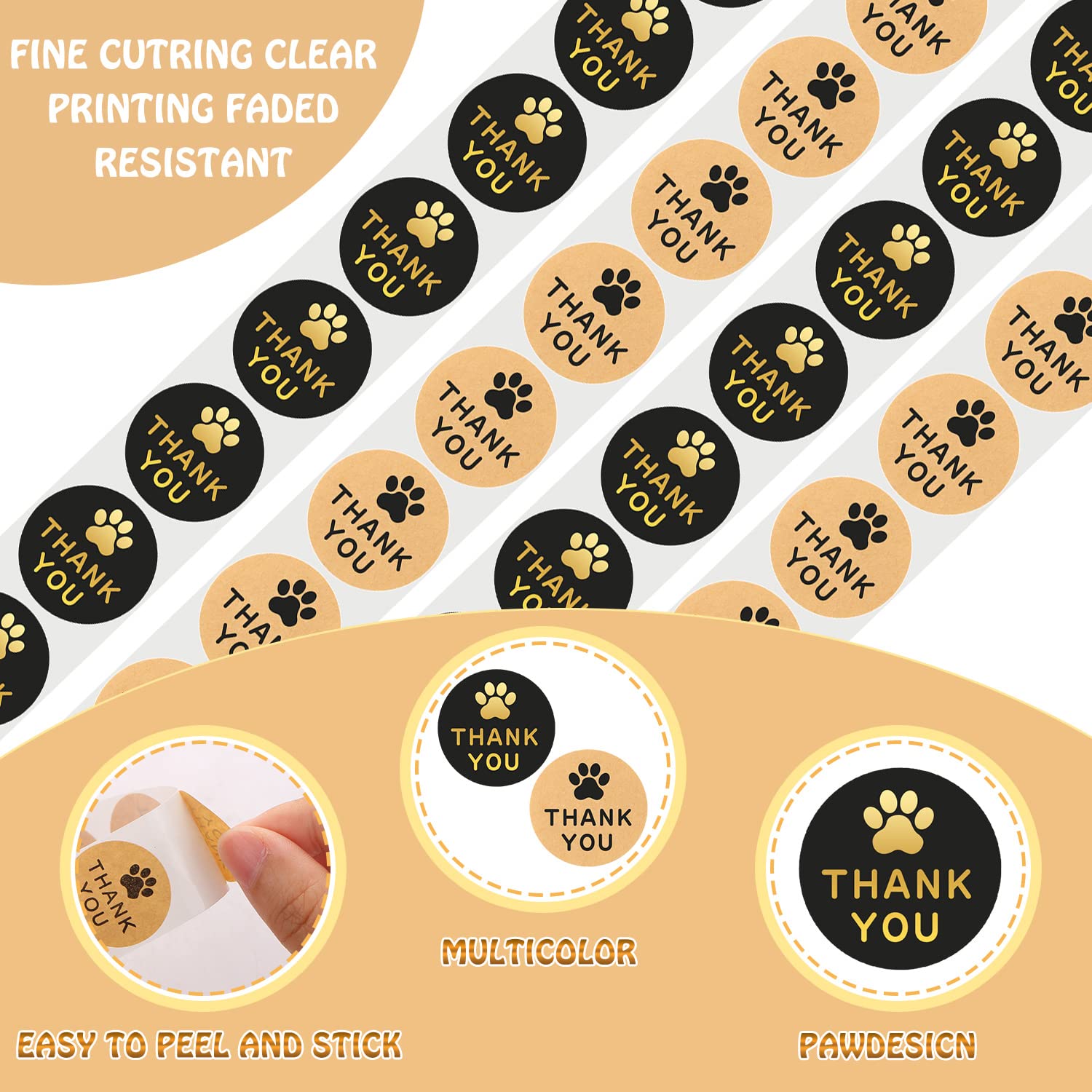 BENBO 2000 PCS Dog Paw Print Thank You Stickers, 1 Inch Kraft Pet Paw Stickers Gold Foil Puppy Paw Envelope Seals Labels Stickers for Small Business, Pet Events, Kennels, Greeting Cards, 4 Rolls