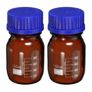 patikil 100ml reagent media bottle, 2pcs round graduated glass storage bottle blue screw cap for chemistry lab universities home, amber