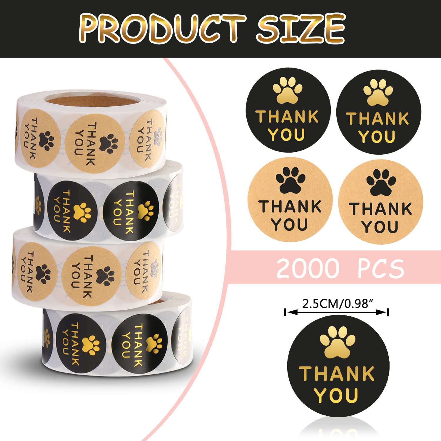 BENBO 2000 PCS Dog Paw Print Thank You Stickers, 1 Inch Kraft Pet Paw Stickers Gold Foil Puppy Paw Envelope Seals Labels Stickers for Small Business, Pet Events, Kennels, Greeting Cards, 4 Rolls