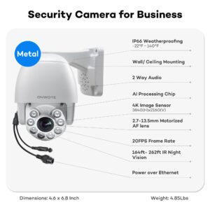 ONWOTE 4K 8MP PTZ IP PoE Camera Two Way Audio, Smart AI Human Vehicle Detection, 355° Pan 92° Tilt 5X Optical Zoom, 2.7-13.5mm Motorized Lens, 164f-262ft IR, IP66, Add-on Camera