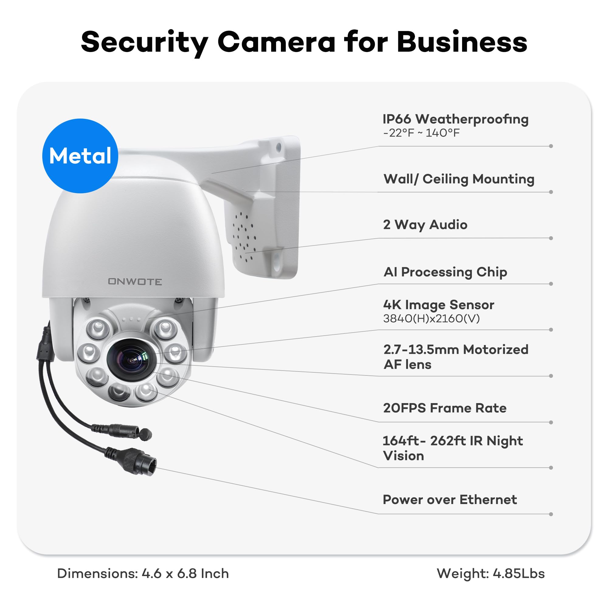 ONWOTE 4K 8MP PTZ IP PoE Camera Two Way Audio, Smart AI Human Vehicle Detection, 355° Pan 92° Tilt 5X Optical Zoom, 2.7-13.5mm Motorized Lens, 164f-262ft IR, IP66, Add-on Camera