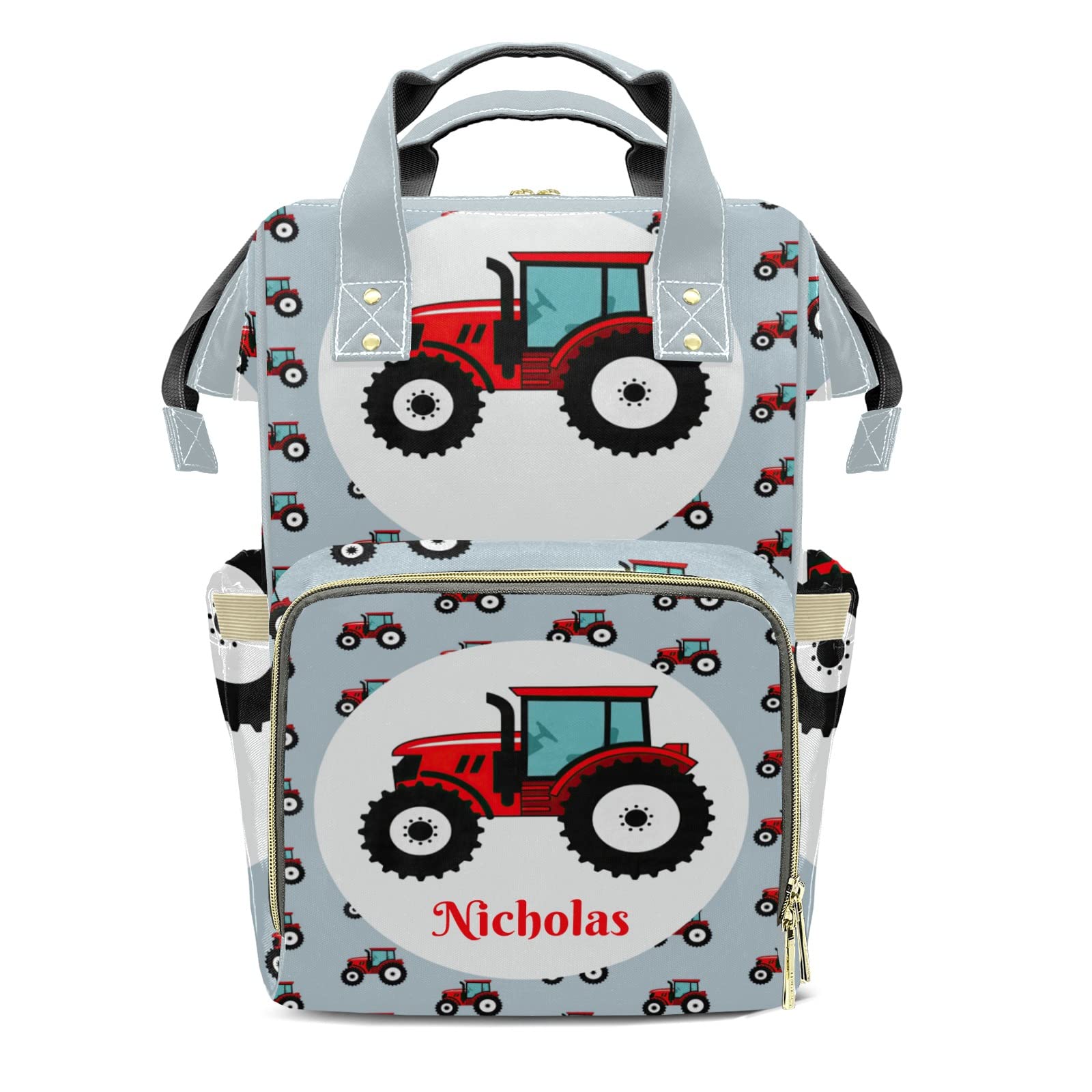 XIUCOO Personalized Red Farm Tractor Diaper Bag Backpack with Name Mommy Nursing Baby Bags Travel Nappy Bag Gift