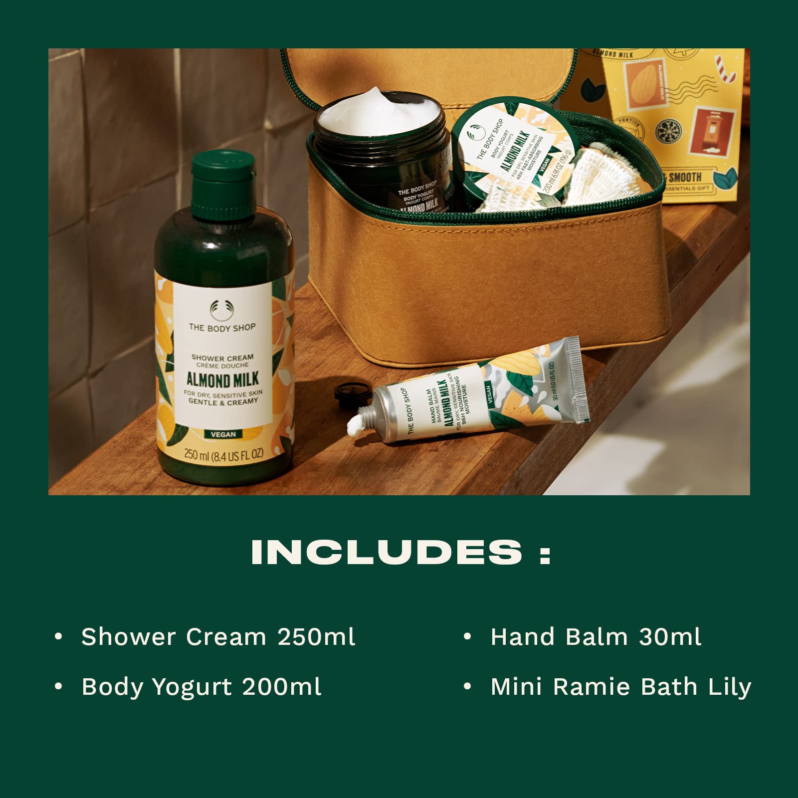 The Body Shop Soothe & Smooth Almond Milk Essentials Gift Set – Hydrating & Moisturizing Vegan Skincare Treats for Dry and Sensitive Skin – 4 Items