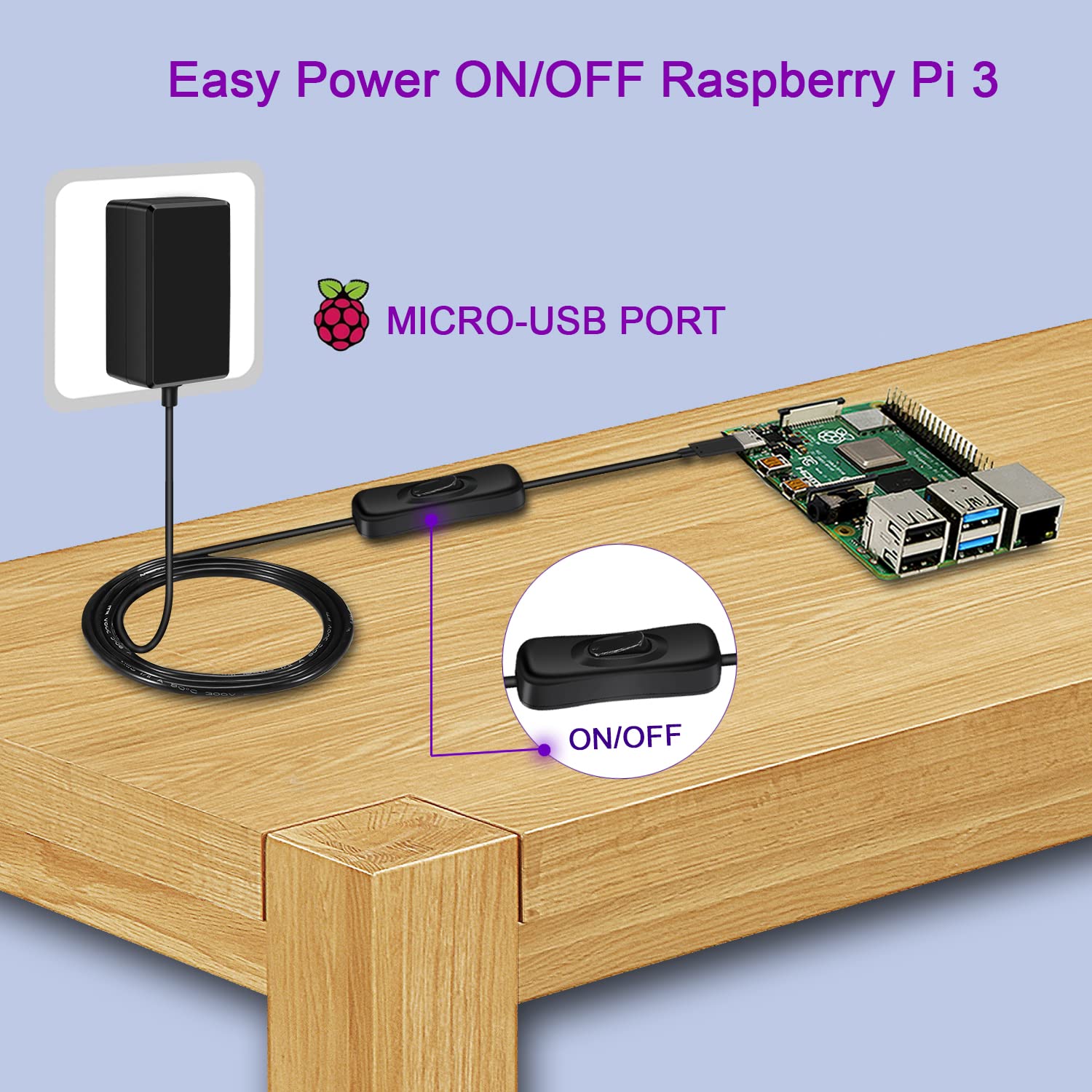 [5V 3A UL Listed] iUniker Power Supply for Raspberry Pi 3, Power Supply for Raspberry Pi MicroUSB Power Supply with on/off Switch Compatible with Raspberry Pi 3/ 3b+/ Zero/Zero 2w