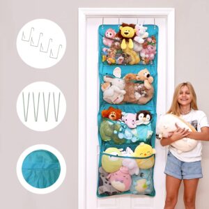 lilly's love over door stuffed animal toy storage hanging organizer | 4 expandable mesh net pockets, stores loads of plush toys | large plushie display for boys, girls | teal (65" x 23")