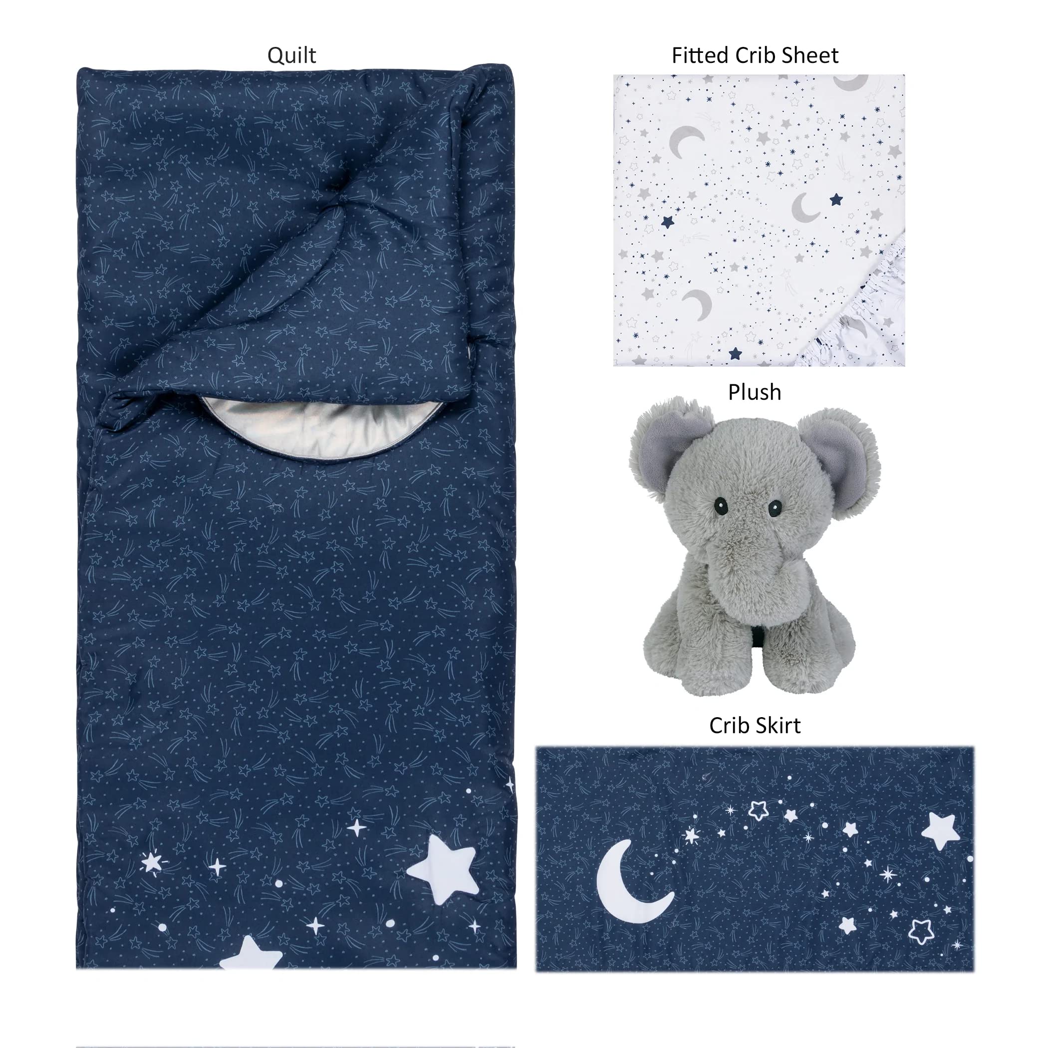 Sammy & Lou Shooting Stars 4-Piece Baby Crib Bedding Set, Includes Quilt, Fitted Crib Sheets Neutral, Crib Skirt, and Plush Toy