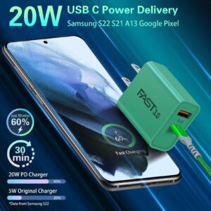 Fast Charging Wall Charger with USB C Cable 10FT, 2-Pack 20W USB C Power Adapter Dual Port Fast Charger Block+ Right-Angle 3A C to C Cable Fit for iPhone 15 Samsung Galaxy S22 Ultra S21 S20 S10 Pixel