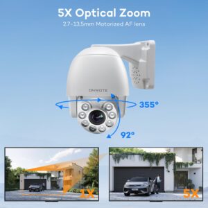 ONWOTE 4K 8MP PTZ IP PoE Camera Two Way Audio, Smart AI Human Vehicle Detection, 355° Pan 92° Tilt 5X Optical Zoom, 2.7-13.5mm Motorized Lens, 164f-262ft IR, IP66, Add-on Camera