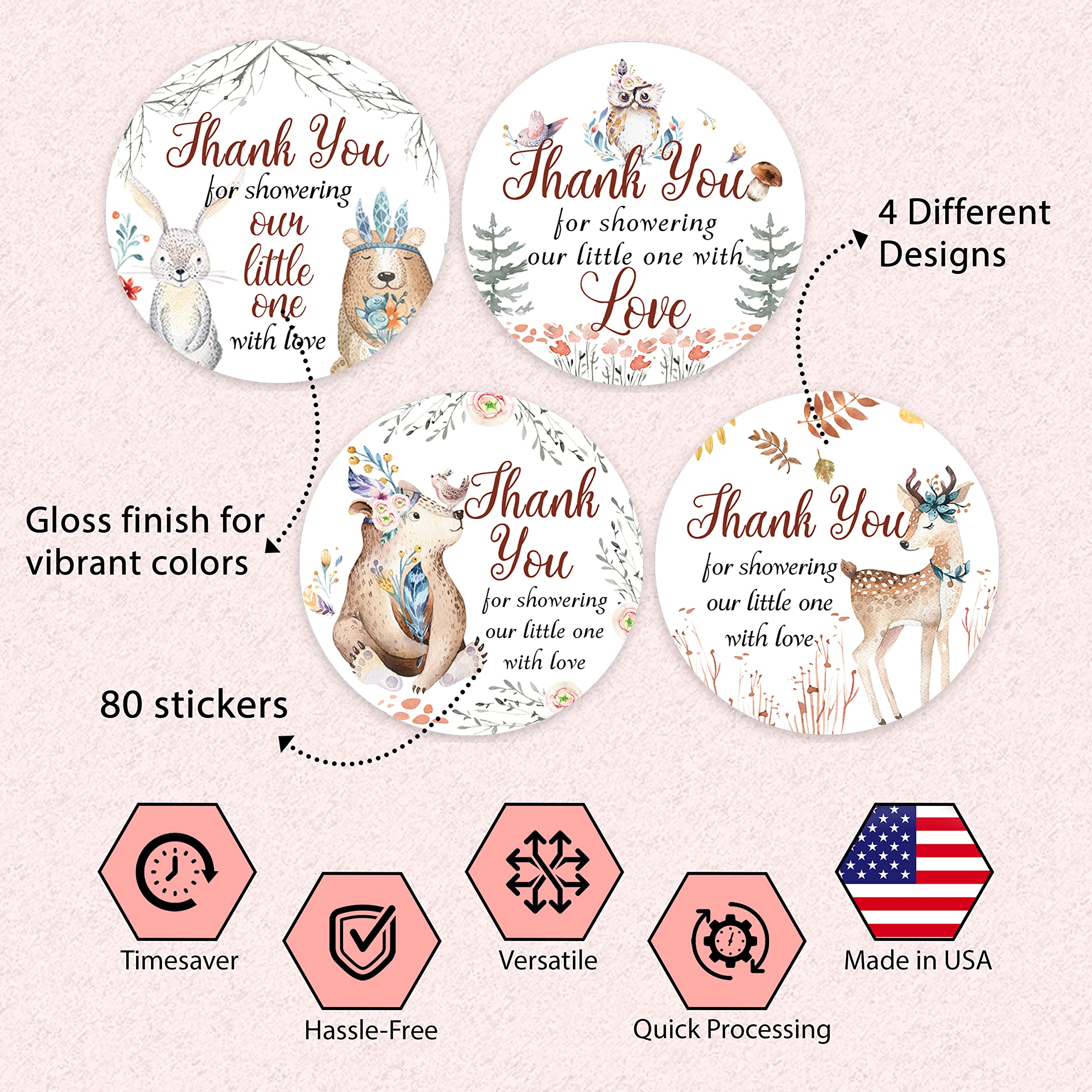 Thank You Baby Shower Stickers - Set of 80 Thank You for Coming Stickers, Preprinted Bridal Shower stickers, Birthday Party Favor Sticker, Self Adhesive Flat Sheet 2 Inch Round Labels LemonTheme Party (Woodland)