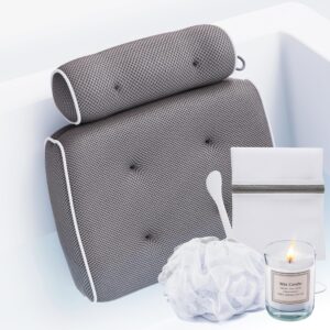 sunserenity luxury bath pillow for tub - relaxing bath tub accessory – bath tub pillow for head and back, unscented candle, sponge loofah, laundry bag, & suction tool – white on grey