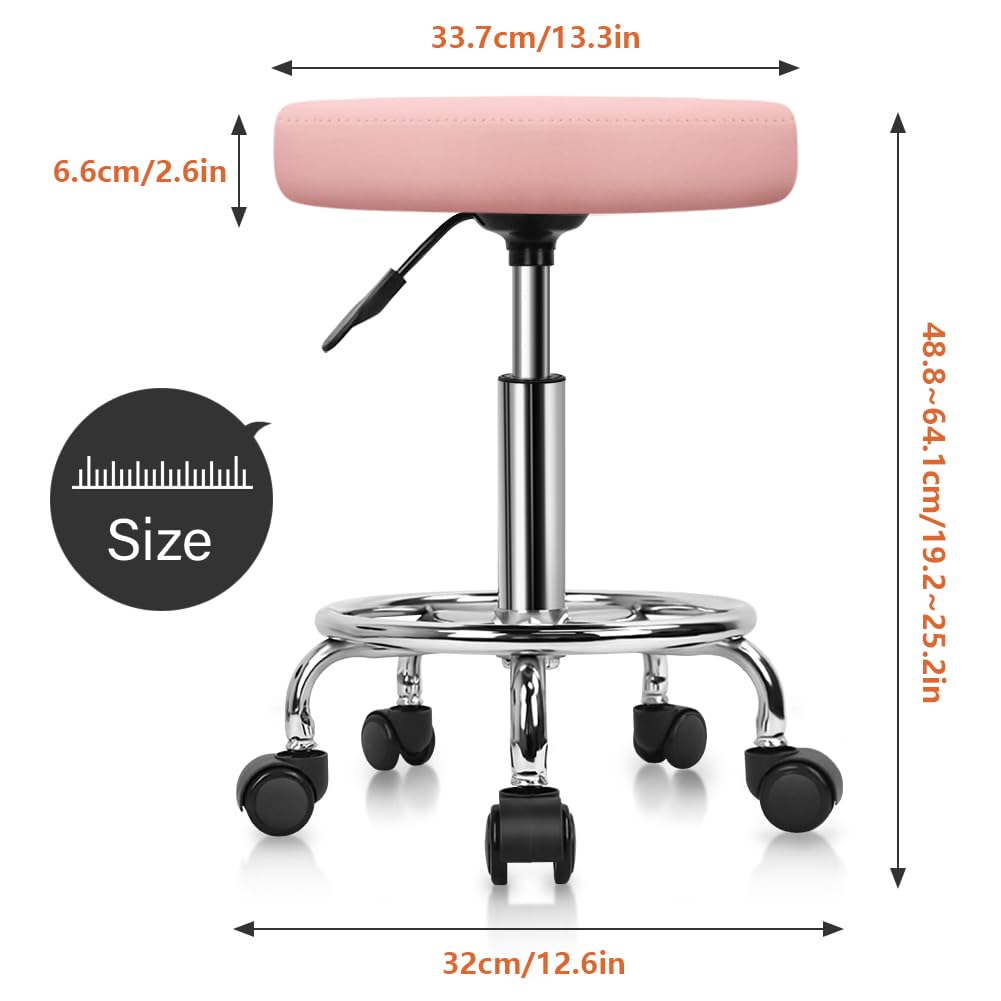 KKTONER PU Leather Round Rolling Stool with Foot Rest Swivel Height Adjustment Spa Drafting Salon Tattoo Work Office Massage Stools Task Chair (Pink)