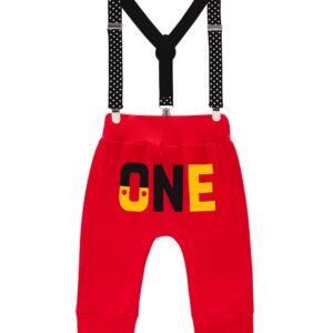 LENSOUS Baby Boys First Birthday Cake Smash Outfits Bowtie One Year Old Romper Pants Set（Red,18-24 Months）