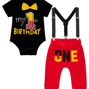 LENSOUS Baby Boys First Birthday Cake Smash Outfits Bowtie One Year Old Romper Pants Set（Red,18-24 Months）