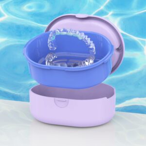 Large Denture Bath Case Cup Box Holder Storage Soak Container， Retainer Case,Mirror Orthodontics Mouth Guard Case,Suitable for Dentures, Partial Dentures, Chews and Removal Tool with Braces（Purple）…