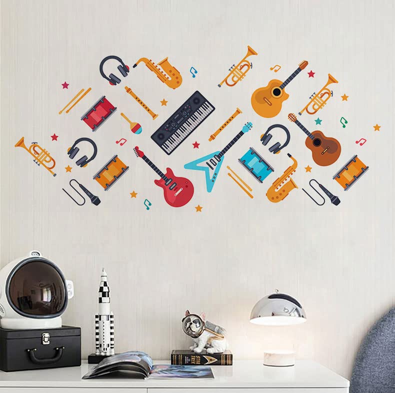 Music Instruments Decor Wall Decals for School Classroom,Guitar Drum Oboe Bass Decor Wall Stickers for Kids Room, Remove Vinyl Wallpaper Mural for Nursery