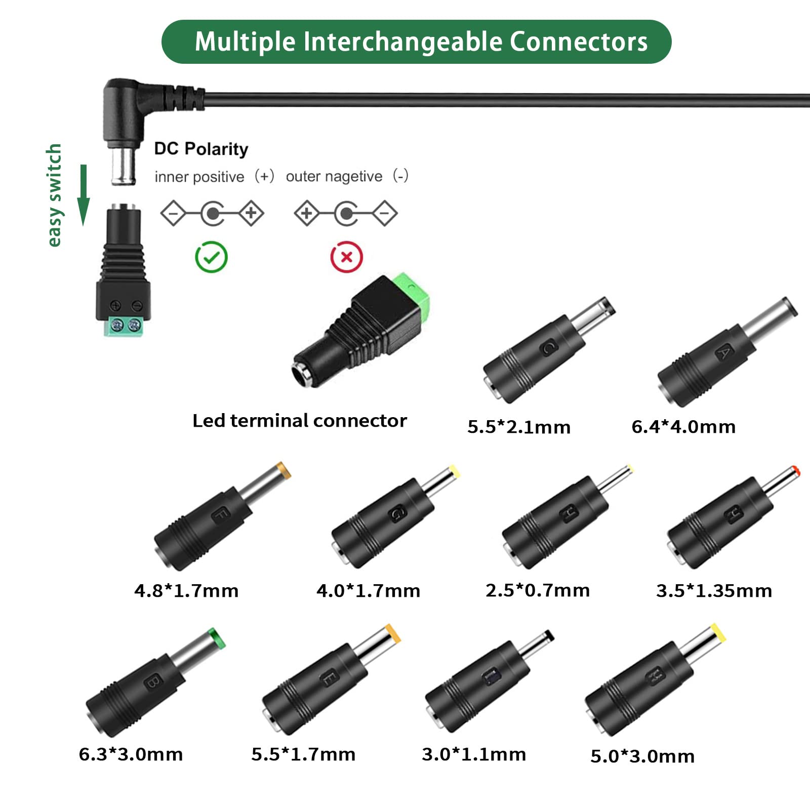 24V 2.5A Power Supply Adapter,100~240V AC to DC 24 Volt 2.5A 2.0A 1.5A 1A 0.5A Converter with 11 Tips for LED Light bar, Speaker System, Sound bar, Humidifier, 3D Printer, LCD Display and More