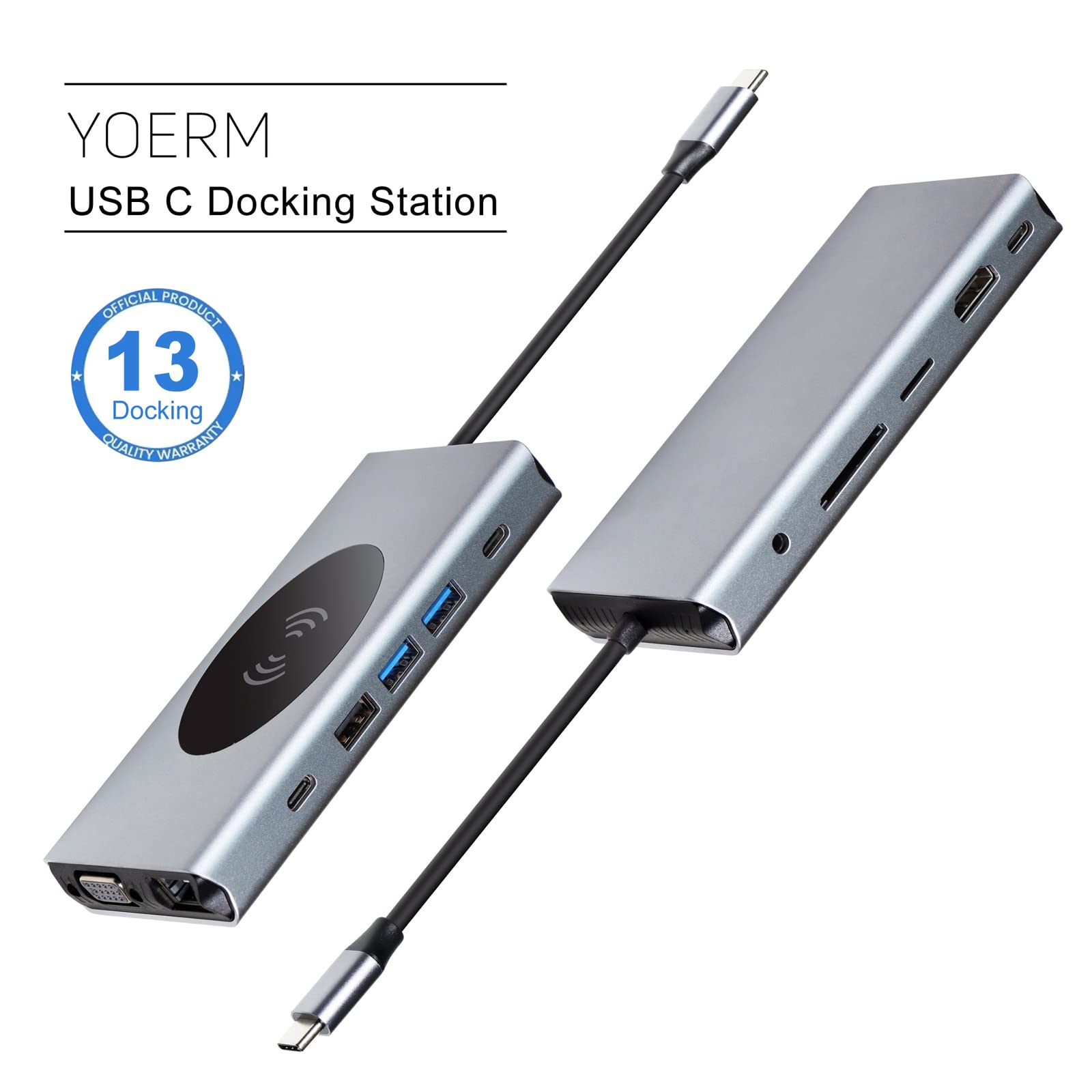 yoerm Docking Station USB C Hub 13-in-1 with Wireless Charging Station, USB C to HDMI, Ethernet, VGA, 5 USB and SD/TF, 100W PD, 3.5mm Audio