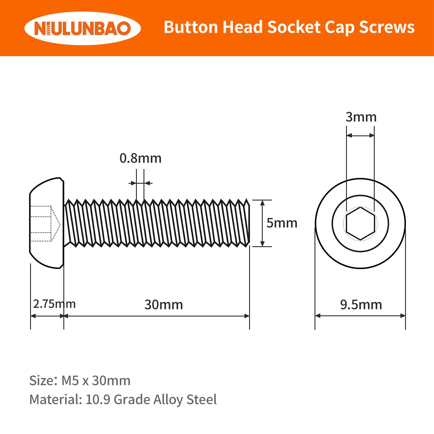 M5-0.8 x 30mm Button Head Socket Cap Screws Bolts 10.9 Grade Alloy Steel Metric, Black Oxide Finish, Machine Fully Threaded, Allen Hex Drive, 50PCS