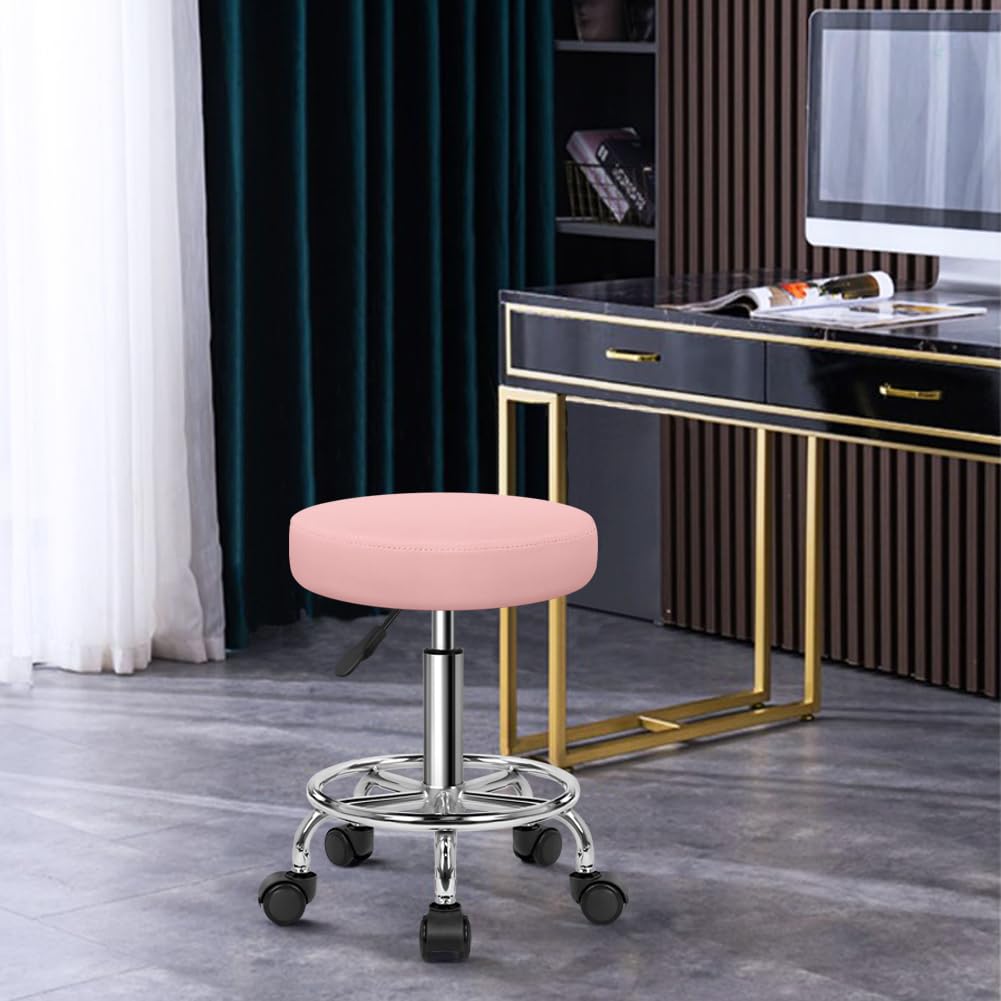 KKTONER PU Leather Round Rolling Stool with Foot Rest Swivel Height Adjustment Spa Drafting Salon Tattoo Work Office Massage Stools Task Chair (Pink)