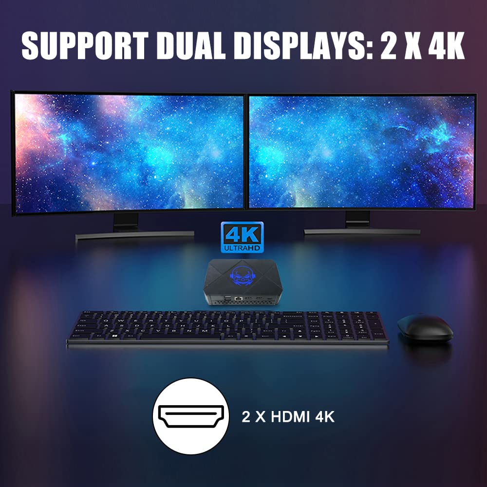 Dual Display Mini PC Intel Celeron J4125 Desktop Fast Networking Light Gaming Computer 8GB DDR4 256GB SSD Windows 11 Pro Dual HDMI Type-C 2x4K Display WiFi,HDMI,BT