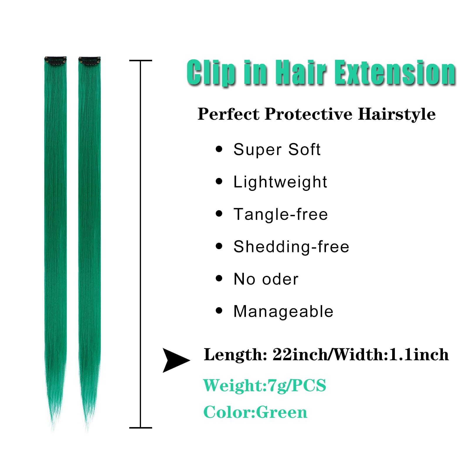 12PCS Colored Green Hair Extensions Party Highlights Colorful Clip in Hair Extensions 22 Inch Straight Synthetic Hairpieces for Women Kids Girls Halloween Christmas Cosplay(Green)