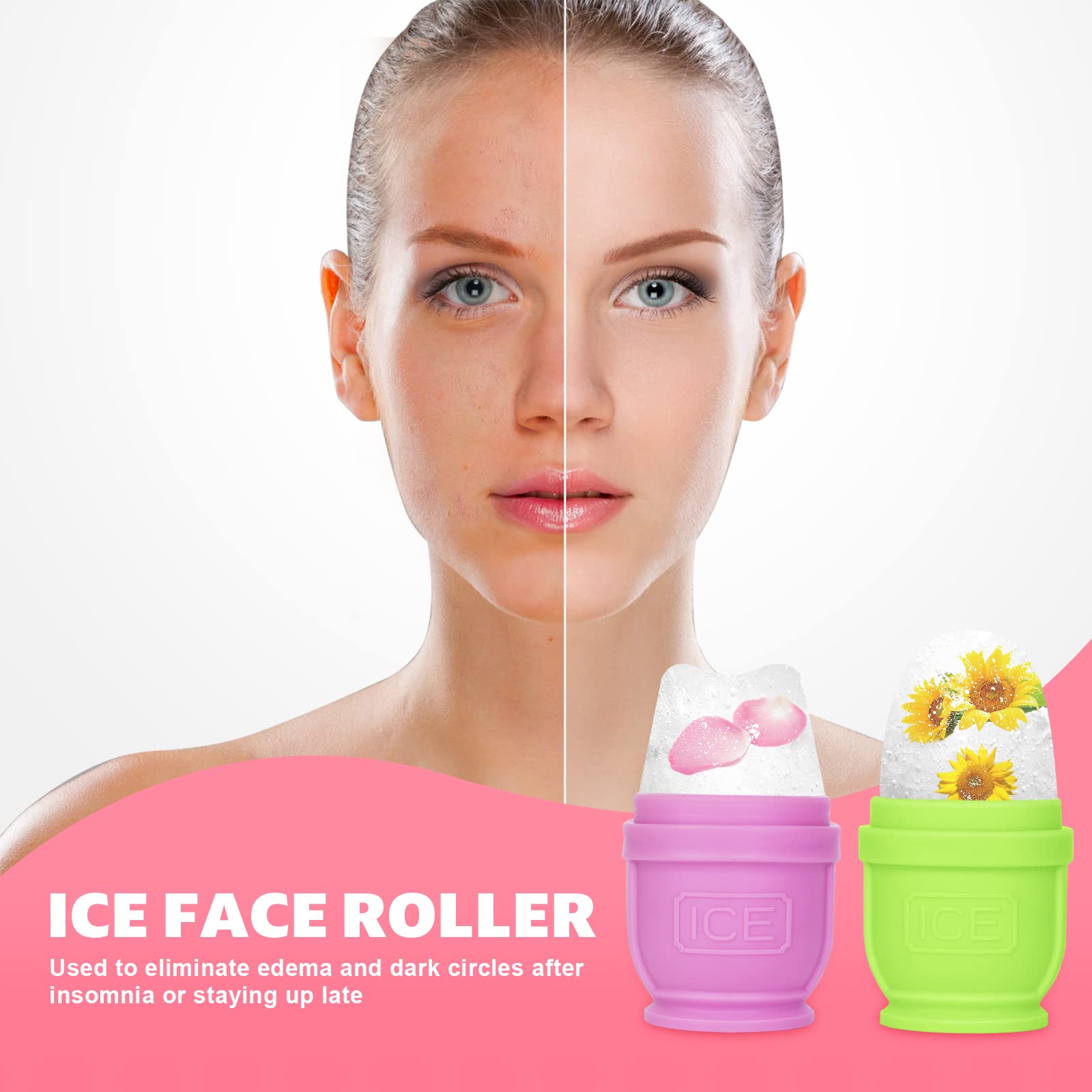 BFASU 2 packs ice roller for face and body parts. Massage, facial beauty ice roller skin care tools(green+purple)