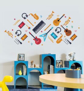 music instruments decor wall decals for school classroom,guitar drum oboe bass decor wall stickers for kids room, remove vinyl wallpaper mural for nursery