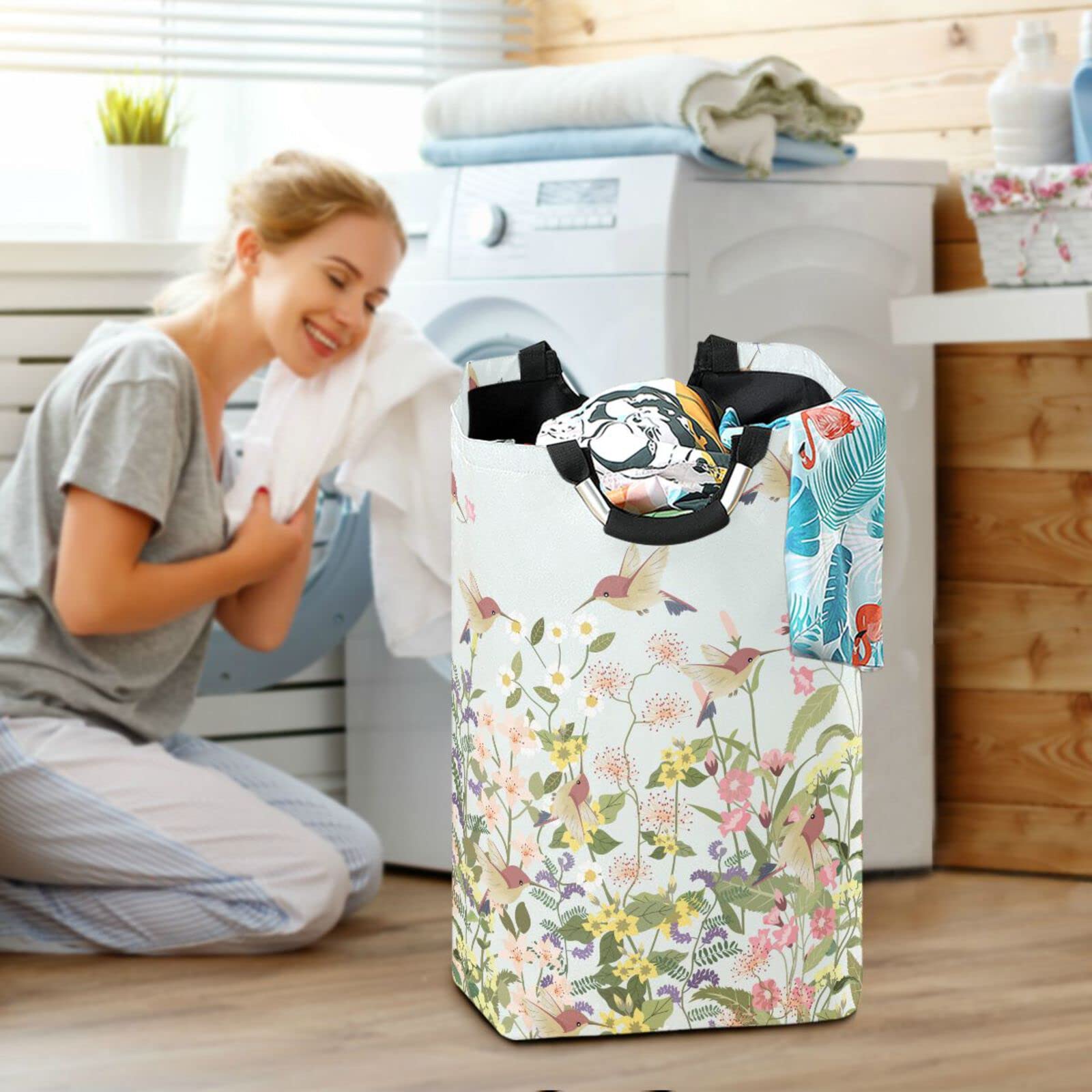 Kigai Laundry Hamper Basket Cute Hummingbirds Flowers Collapsible Nursery Storage Bin Waterproof Clothing Baskets for Home Bedroom Bathroom Washing Room